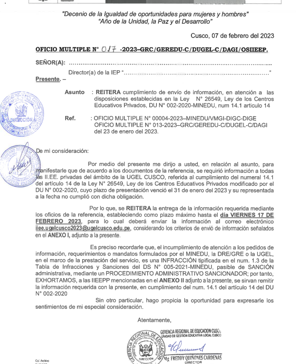 OFICIO MÚLTIPLE N° 017-2023-GRC/GEREDU-C/DUGEL-C/DAGI/OSIIEEP. – Ugel Cusco