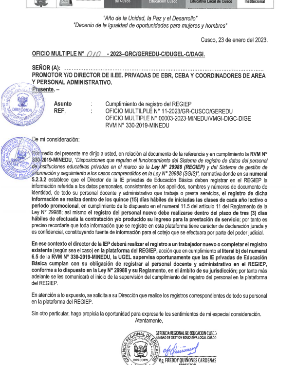 OFICIO MÚLTIPLE N° 010-2023-GRC/GEREDU-C/DUGEL-C/DAGI. – Ugel Cusco