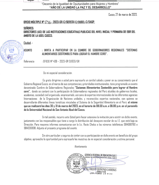 OFICIO MULTIPLE N°046-2023-GR-C/GEREDU-C/DUGEL-C/DAGP – Ugel Cusco